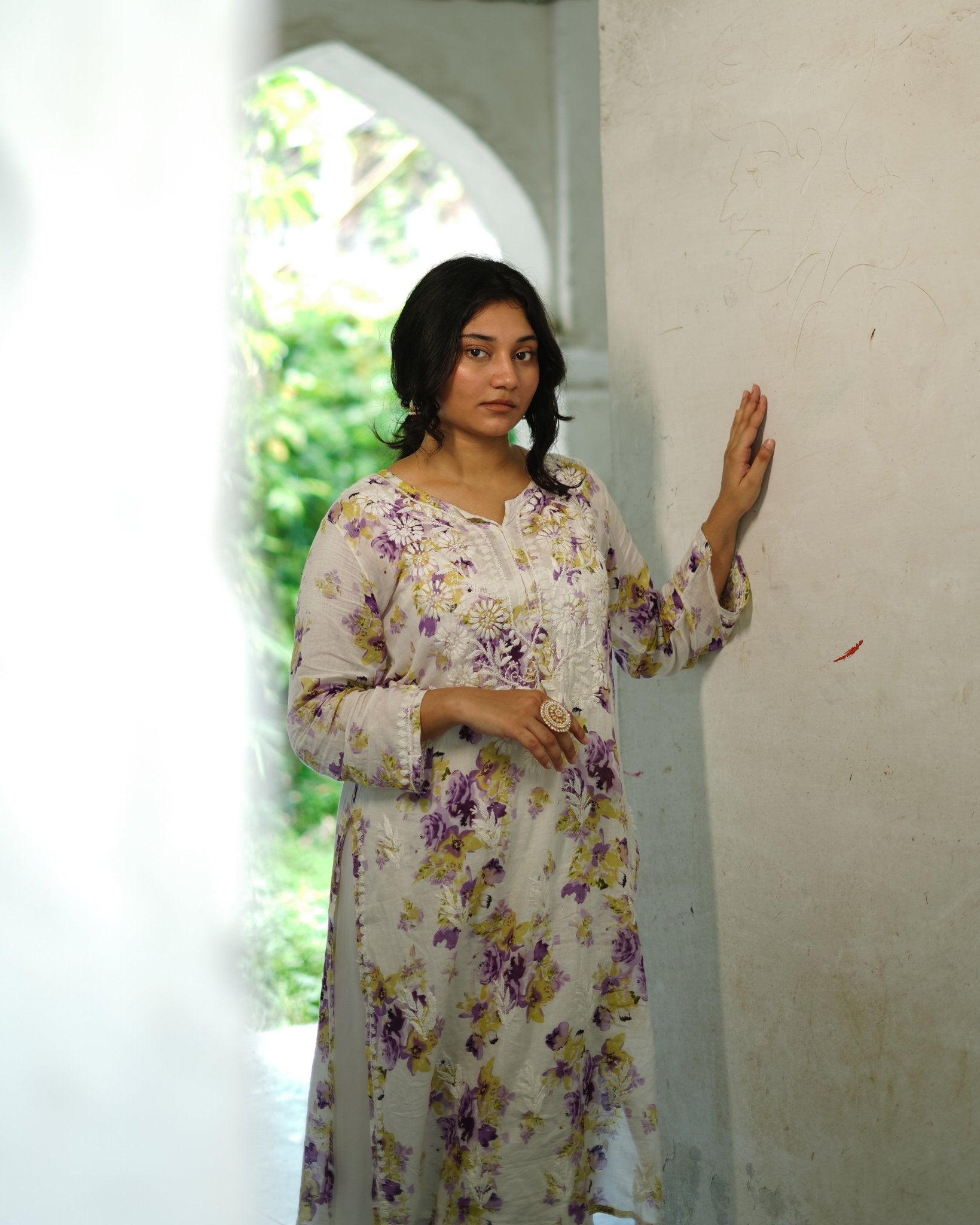 Gul-e-Banafsha (Violet Bloom) Printed Mul Cotton Chikankari Kurta with ...